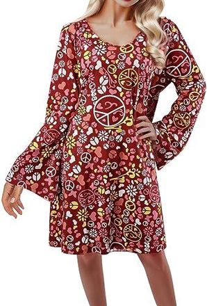 Generic Tenue disco des années 70 pour femmes - Robe de style hippie des années 70, accessoires de vêtements et bijoux dHalloween (marron, taille XXL)