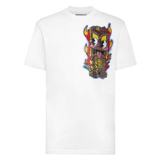 Philipp Plein Homme, Tops, Blanc, Taille: 2XL T-Shirt Col Rond Hawaii