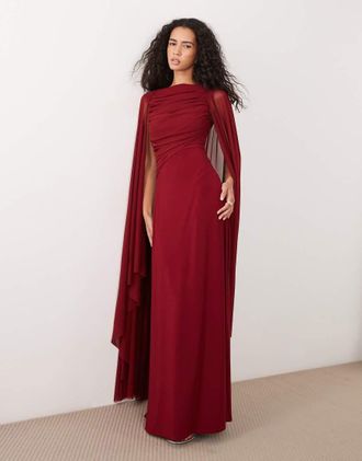 Asos robe longue cape en tulle avec d&eacute;tail de corsage drap&eacute;, bordeaux-Rouge