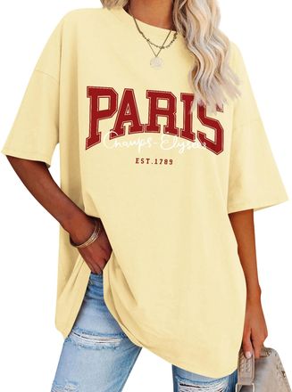 Dresswel Oversized T Shirt Damen Paris Brief drucken Vintage T-Shirt Kurzarm Rundhals Sommer Oberteile Lose Bluse Lang Tunika Top f&uuml;r Teenager M&auml;dchen