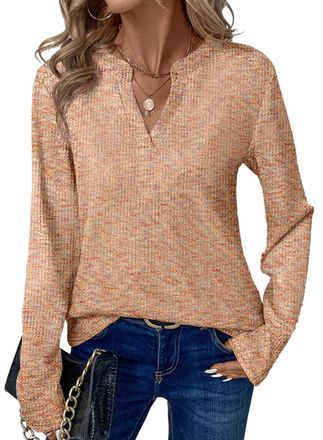 Dokotoo Damen Pullover Elegant V-Ausschnitt Langarmshirt Weich Waffelstrick Sweatshirt Herbst Winter Locker Oberteile Strickpullover Pulli, orange, S