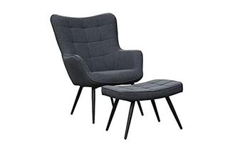 Byliving Sessel mit Hocker UTA/Polstersessel und Fu&szlig;hocker/Gestell in schwarz/Relaxsessel/Polsterhocker/Set (Webstoff, Dunkelgrau)