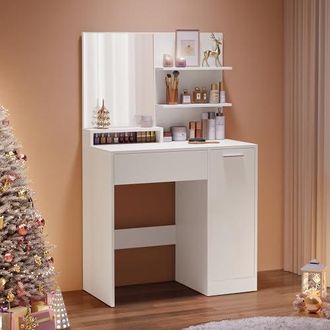 Vasagle Schminktisch, Frisiertisch, mit Spiegel, Aufbewahrungsfach, 2 verstellbare Ablagen hinter der TÜr, 1 Schublade, 2 Ablagen, weiß RDT119W01