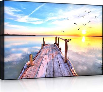 Lightbox Multicolor | LED Wandbild | Steg mit Möwen bei Sonnenuntergang | 100x70 cm | Fully Lighted