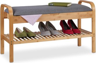 Relaxdays Schuhbank, für 4 Paar Schuhe, HxBxT 50x90x33 cm, weiche Sitzfläche mit Stauraum, Bambus Schuhregal, natur/grau
