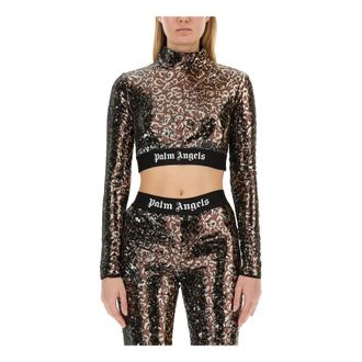 Palm Angels Logo-Strap Pailletten Crop Top - - Tops - Damen - Schwarzk - S