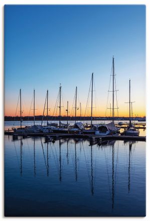 Artland Wanddeko Leinwand Bilder Wandbild 40x60 cm Sonnenaufgang Hafen Idyll Fluss Warnow Segelboot Boot Rostock U4ZG