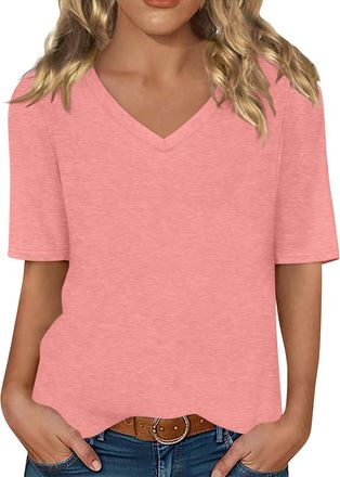 Minetom Damen Halbarm T-Shirt V-Ausschnitt Sommer Tshirt Einfarbig Oberteil Basic Shirts A Koralle XXL