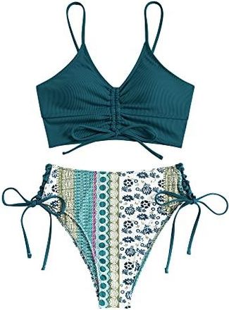 Zaful Womens Floral Print Two Piece Swimsuit V Neck Drawstring Front High Waisted Strap Side Bikini Set Bathing Suit (Peacock Blue, M)