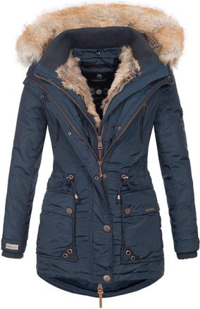 Marikoo Damen Winterjacke Kapuze Kunstfell Winter Jacke warm lang B617 [B617-Grinse-Navy-Gr.XS]