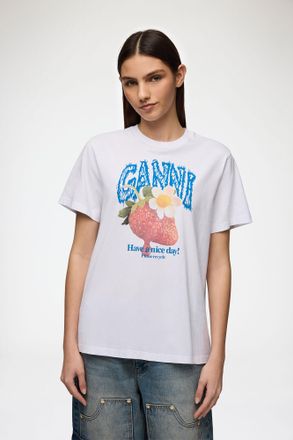 Ganni T-shirt &agrave; imprim&eacute; fraise Blanc Coton biologique - Taille XL - Pour Femme