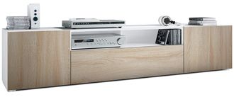 Vladon Lowboard Mogan, TV-Kommode mit 2 T&uuml;ren, 1 Klappe und 1 offenes Fach, Wei&szlig; matt/Eiche S&auml;gegrau (181 x 39 x 35 cm)