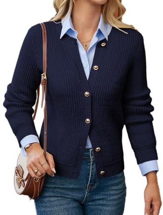 Grace Karin Cardigan &eacute;l&eacute;gant pour femme - Col rond - Manches longues - Blazer en tricot pour lautomne et lhiver - Boutonn&eacute;, bleu marine, XL