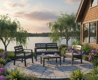 Dmora Outdoor-Lounge-Set Massa, Gartenkomposition mit 2 Sesseln, 1 Sofa und 1 Couchtisch, Lounge f&uuml;r drinnen und drau&szlig;en mit Kissen, 100% Made in Italy, Ant