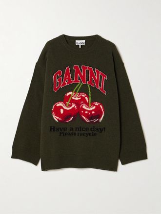 Ganni Oversized-pullover Aus Jacquard-strick Aus Einer Wollmischung - Gr&uuml;n