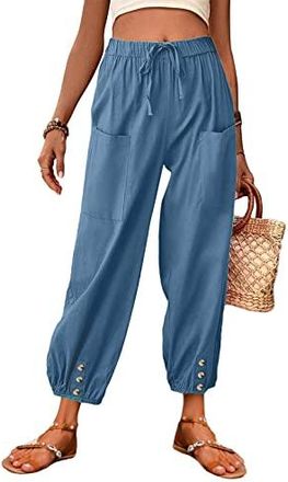 ORANDESIGNE Femme Pantalon Coton Lin Été Harem Pantalon Sarouel Léger Cordon Élastique Solide Couleur Pantacourt Sport Pants pour Pilate Hippie Yoga Fitness Danse