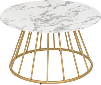PEGANE Pegane - Table basse, Table de salon en verre tremp&eacute; effet marbre coloris Blanc, noir et fer coloris dor&eacute; - diam&egrave;tre 70 x Hauteur 40 cm
