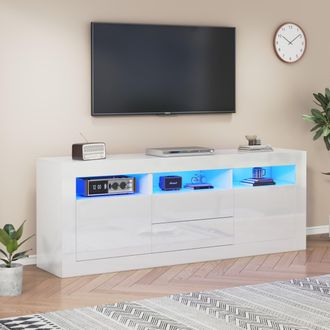 Merax Hochglanz TV Schrank mit LED-Beleuchtung, App Steuerung, mit 3 offenen Fächern, 2 Türen, 2 Schubladen, Lowboard Sideboard TV-Kommode Fernsehschrank Fe