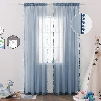 Miulee Vorhänge mit Pompons-Niedlich Blau Gardinen 2-Set für Kinderzimmer, Transparent Gardinen mit Pompons für Wohnzimmer Jugendzimmer, Dekoschals Durchsich