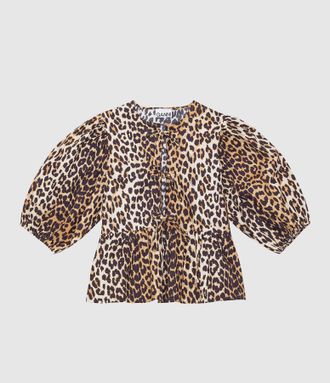 Ganni Blouse Printed Cotton Poplin Peplum Blouse Leopard