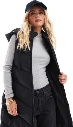 Threadbare Petite - Wattierte Longline-Weste in Schwarz mit Kapuze