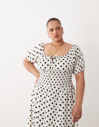 Esm&eacute;e Esm&eacute;e Curve - Maxi-Strandkleid in Schwarz und Wei&szlig; mit Polka Dots, Bindedetail vorne und Puff&auml;rmeln-Mehrfarbig