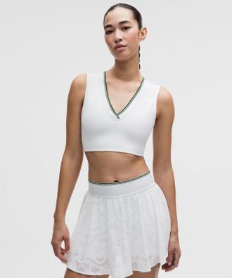 lululemon Brassi&egrave;re de tennis longue &agrave; encolure en V et dos en maille paisley Maintien moyen, bonnets B/C pour Femmes - Blanc/&Eacute; - Taille XL