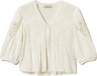 Twinset Femme, Blouses et Chemises, Blanc, Taille: 38 FR Camicia manica 3/4 e pizzo
