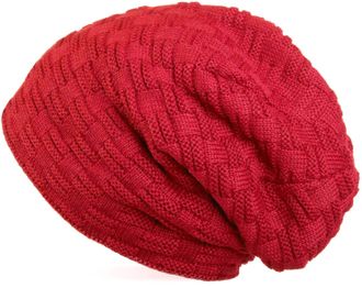 styleBREAKER Feinstrick Longbeanie Mütze mit Flecht Muster und warmem Fleece Innenfutter | Winter Strickmütze Unisex elastisch weich bequem warm, Farbe:Rot