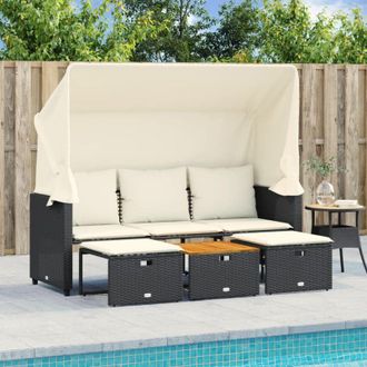 vidaXL Canap&eacute; de jardin 3 places avec auvent et tabourets noir rotin - Vidaxl