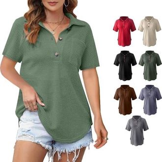 Generic Tunique Henley &agrave; manches courtes en tricot gaufr&eacute; pour femme, manches courtes, col en V, couleur unie, tunique d&eacute;contract&eacute;e 2025, vert militaire, XXL