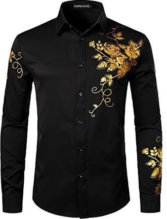 PARKLEES Chemise boutonnée à manches longues pour homme avec broderie hipster, Zzcl63-or noir, XXL