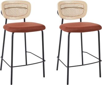 Beliani Lot de 2 Chaises de Bar Moderne Tabourets Dossier en Rotin Tressé Viennois Polyester Sans Accoudoirs Pieds Noirs Orange Mayetta