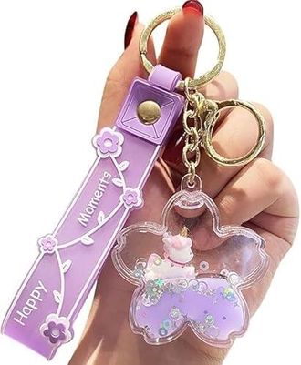 Generic Porte-clés Licorne Kawaii Liquide Quicksand avec Fleur de Cerisier Flottant Romantique