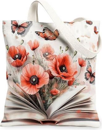 Generic Sac fourre-tout en toile r&eacute;utilisable pour le shopping, 33 x 38,1 cm, livres amusants, fleurs, papillons, sac d&eacute;picerie r&eacute;utilisable pour femme, peint