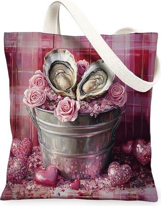 Generic Sac fourre-tout en toile r&eacute;utilisable pour le shopping 33 x 38 cm, motif coquillage dhu&icirc;tres, rose, coeur, sac d&eacute;picerie r&eacute;utilisable pour femme, pein
