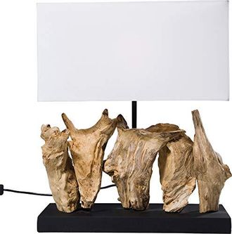 Kare Design Design Tischlampe Nature, Braun/Weiß, Tischleuchte, Massivholz, Baumwoll Schirm, rechteckig, Schreibtischlampe, Holz, kein Leuchtmittel inklusive, 43x