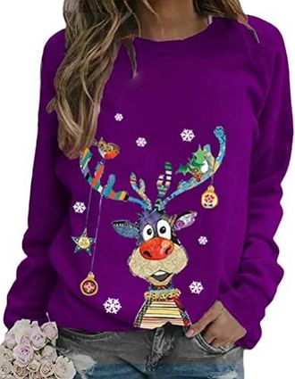 Onsoyours NoëL Cadeaux Shirt Sweat Femme Automne Printemps Hiver Christmas Dessus de Manche Longue ÉPaule Hauts Chemisier Top Blouse T-Shirt Sweatshirt A Violet