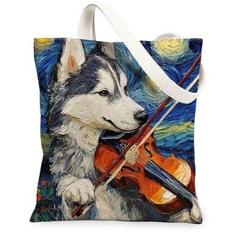 Generic Alaskan Malamutes Sac fourre-tout en toile r&eacute;utilisable pour faire du shopping 33 x 38,1 cm, motif violon &eacute;toil&eacute;, sac d&eacute;picerie pour femme, animal de 