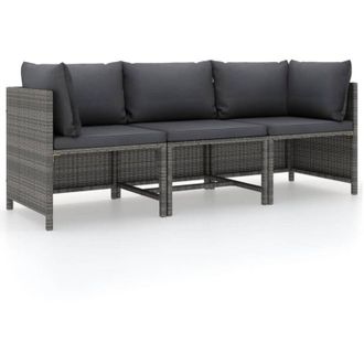 vidaXL 3-Sitzer-Gartensofa mit Kissen Grau Poly Rattan Vidaxl
