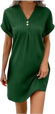 Generic Robe Femme Col en V Robe &Eacute;t&eacute; Robe Chic et Elegant Col Boutonn&eacute; Robe Manches Courtes D&eacute;contract&eacute; A-Linie Swing Robe de Plage Couleur Unie L&eacute;ger et Resp