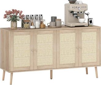 HOMCOM Buffet Salon Meuble de Rangement avec placards à Portes en cannage et étagère réglable, pour Salon, Salle à Manger, dim. 140 x 40 x 75 cm, Effet Bois 