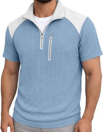 Generic Polo gaufr&eacute; avec fermeture &eacute;clair 1/4 pour homme, haut uni &agrave; manches courtes, pull tendance &agrave; col &agrave; revers, doux &agrave; porter, respirant et durable, costu