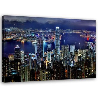 Feeby Leinwandbild Hong Kong Bild Kunstdruck Stadt Blau 30x20 cm