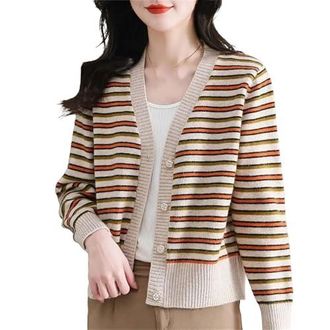 Generic Cardigan en tricot &agrave; manches longues pour femme Motif patchwork ray&eacute; Col en V Style vintage, beige, Taille XS