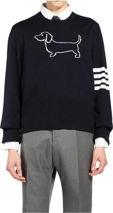 Thom Browne Homme, Pulls, Bleu, Taille: XL Hector Icon Intarsia Classic Crew Neck Pullover