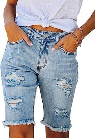 Minetom Short Femme Jean Taille Haute Ete Denim Pantalon Moyen Short en Jean Décontracté Shorts en Denim Déchiré Hot Shorts B1 Bleu Clair XS