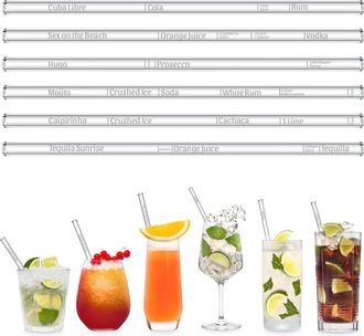 Halm HALM Glasstrohhalme 6x graviert mit Cocktail Rezepten Glastrinkhalme mit Maßen für perfektes Mixen Cuba Libre, Sex on the Beach, Hugo, Mojito, Caipiri