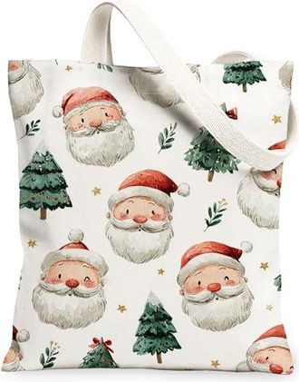 Generic Sacs fourre-tout en toile motif P&egrave;re No&euml;l et arbre - R&eacute;utilisables - Motif de vacances - Joli dessin anim&eacute; - L&eacute;ger et lavable - Pour le shopping et le