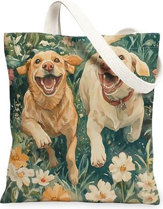 Generic Sac fourre-tout en toile pour le shopping, motif labrador retriever, 33 x 38 cm, motif floral mignon, sac &agrave; bandouli&egrave;re r&eacute;utilisable pour femme, peint